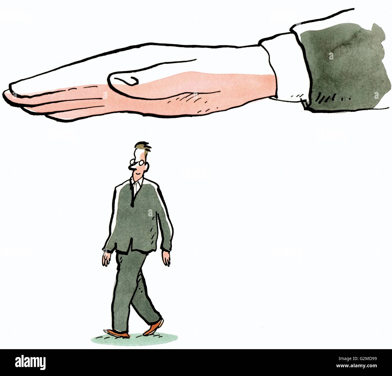 Man walking under human hand Stock Photo - Alamy