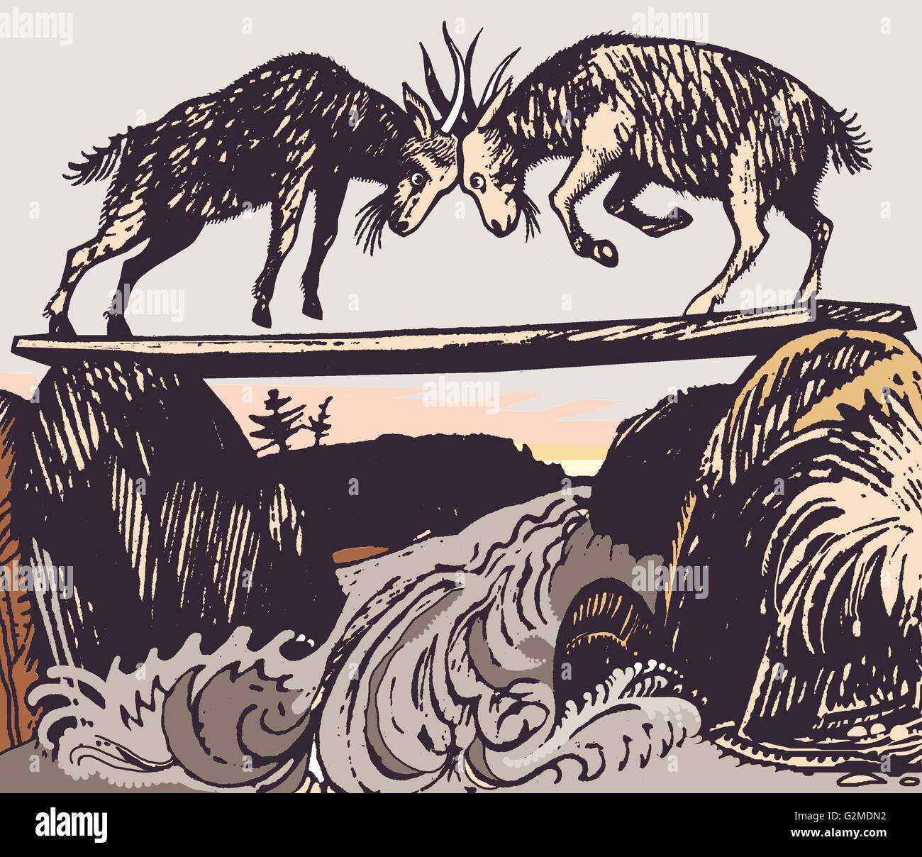 Two goats fighting on plant over rapid river Stock Photo - Alamy