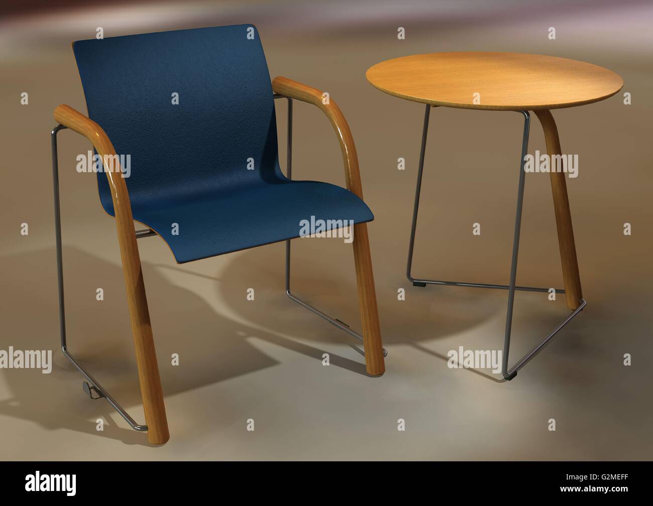 Dark blue chair and small table on beige background Stock Photo - Alamy