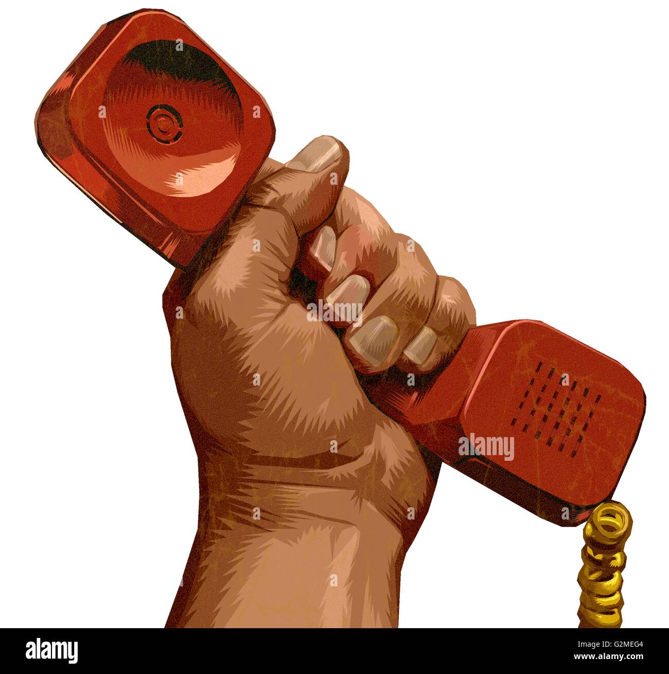 Man's hand raised, holding red telephone handset Stock Photo - Alamy