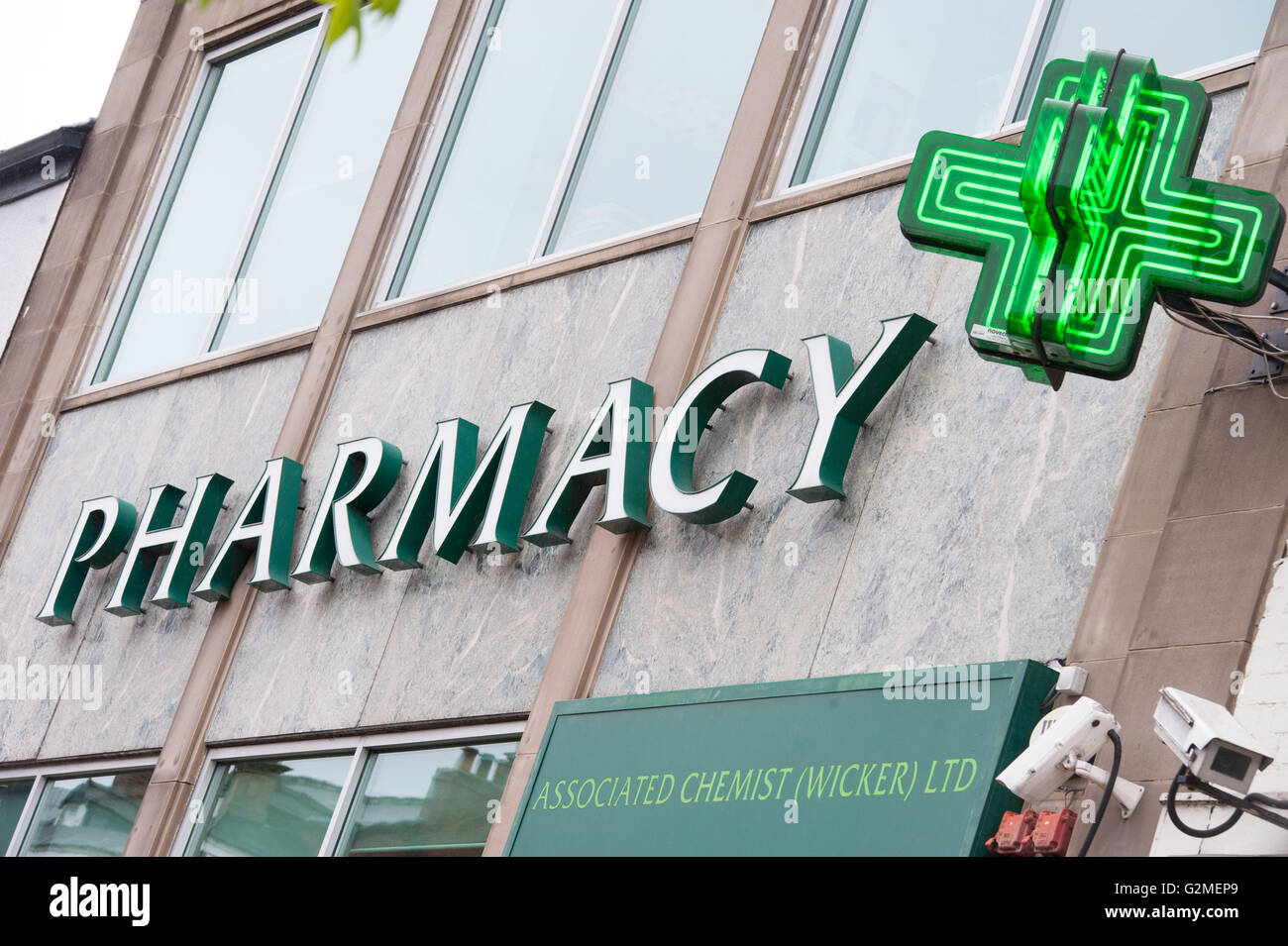 24 hour Pharmacy sign in Sheffield The Wicker Stock Photo - Alamy