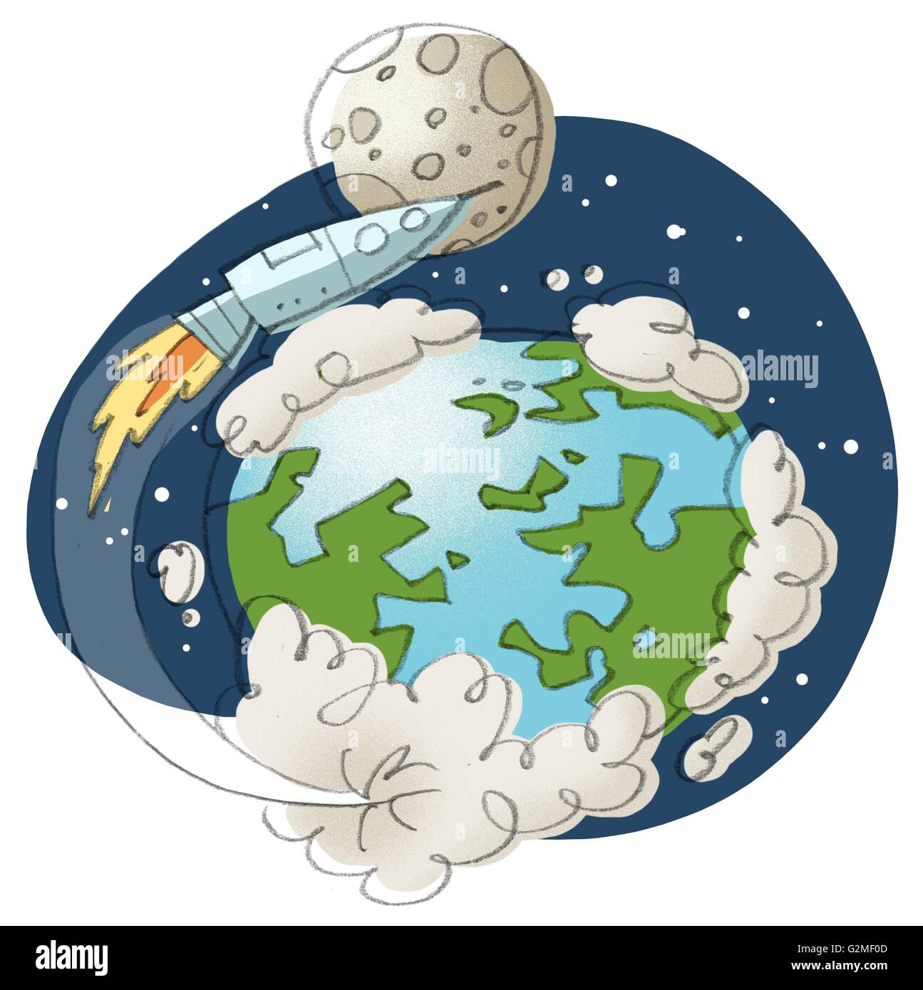 Rocket flying around planet Earth Stock Photo - Alamy