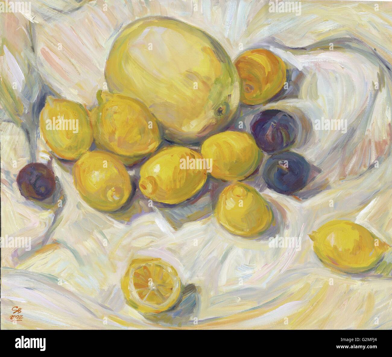 Lemons with plums and melon Stock Photo - Alamy