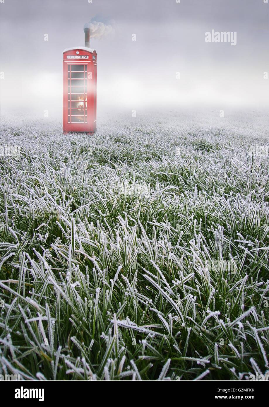 Red telephone booth in frozen field Stock Photo - Alamy