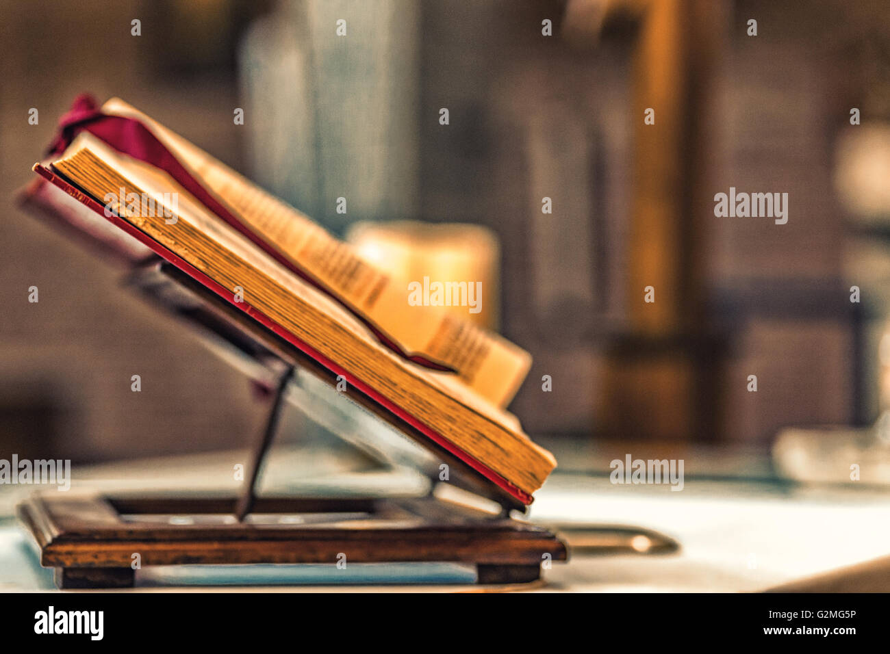holy book on wood lectern on the altar for the celebration of Holy Mass ...