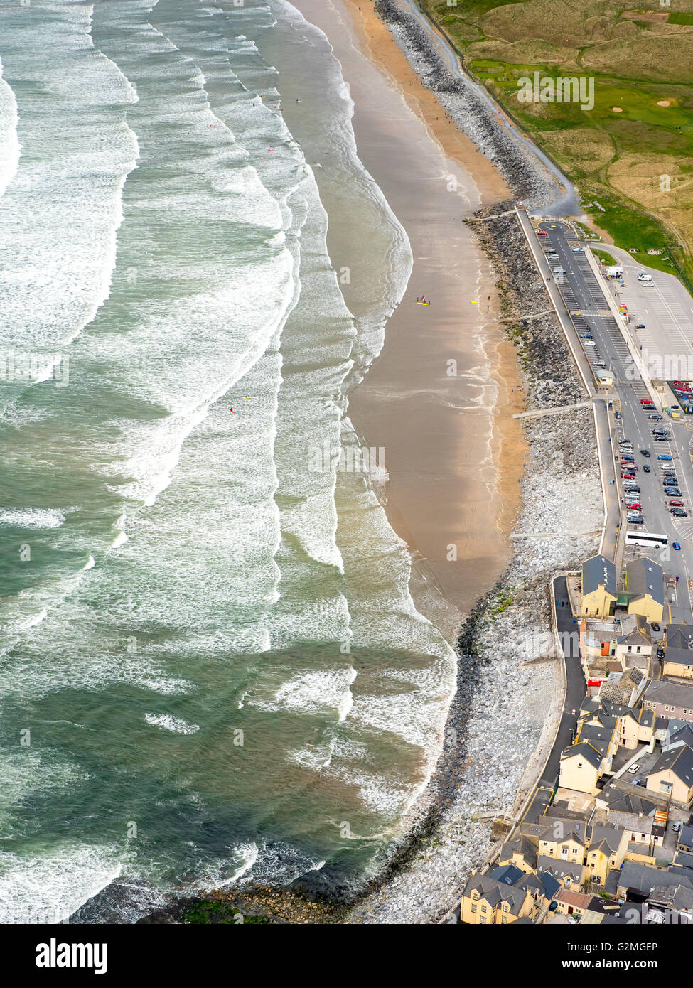 Aerial view, sandy beach of Lahinch with surfers, Lahinch at Liscannor ...