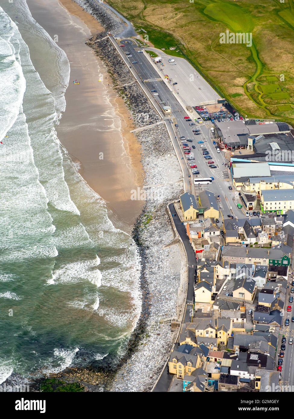 Aerial view, sandy beach of Lahinch with surfers, Lahinch at Liscannor ...