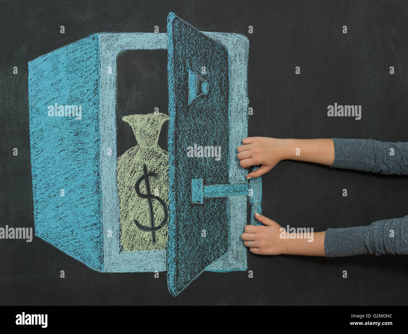 Chalkboard awith man and drawing concept of money Stock Photo - Alamy
