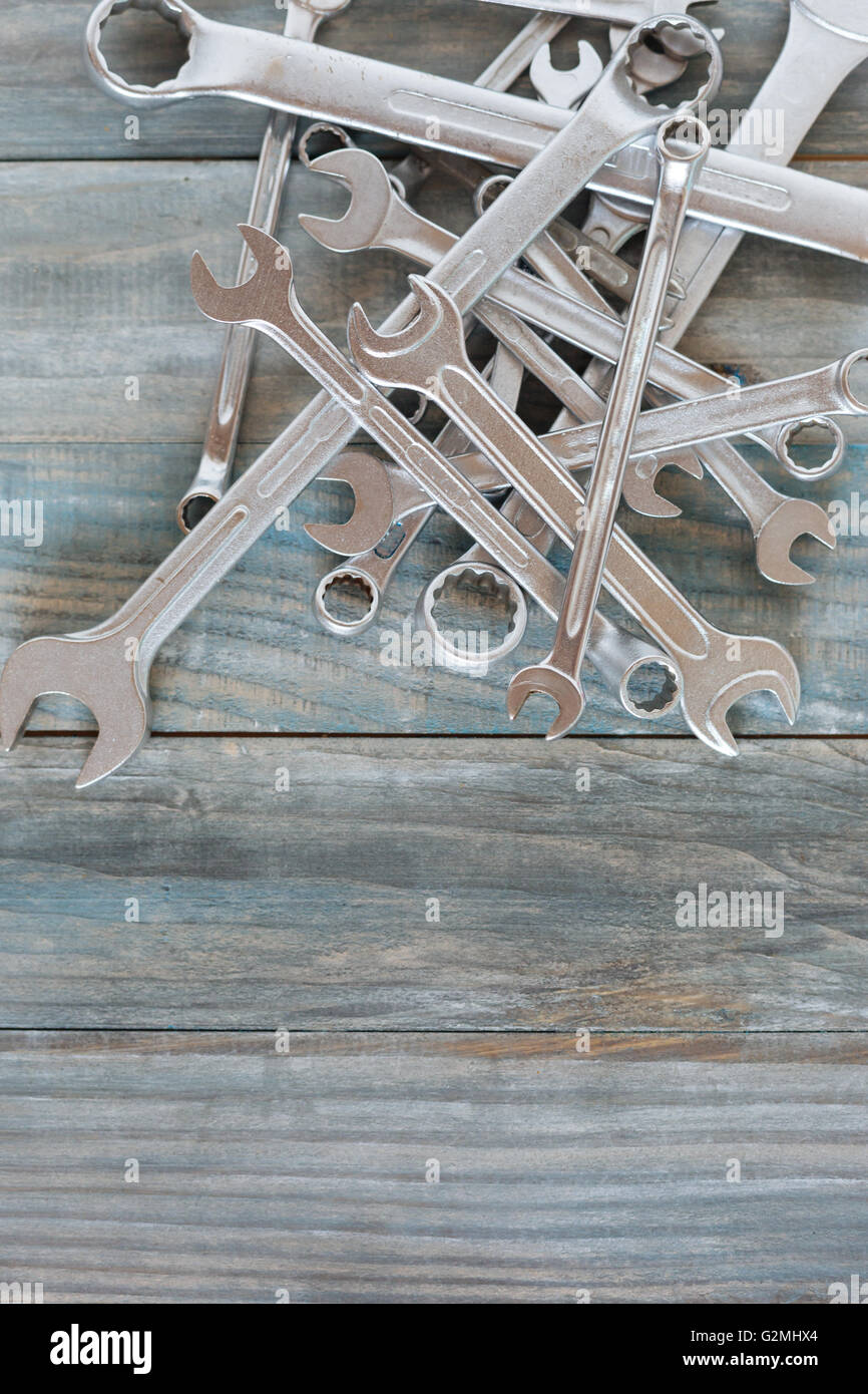 Workshop, repair. Tools on the wooden table Stock Photo - Alamy