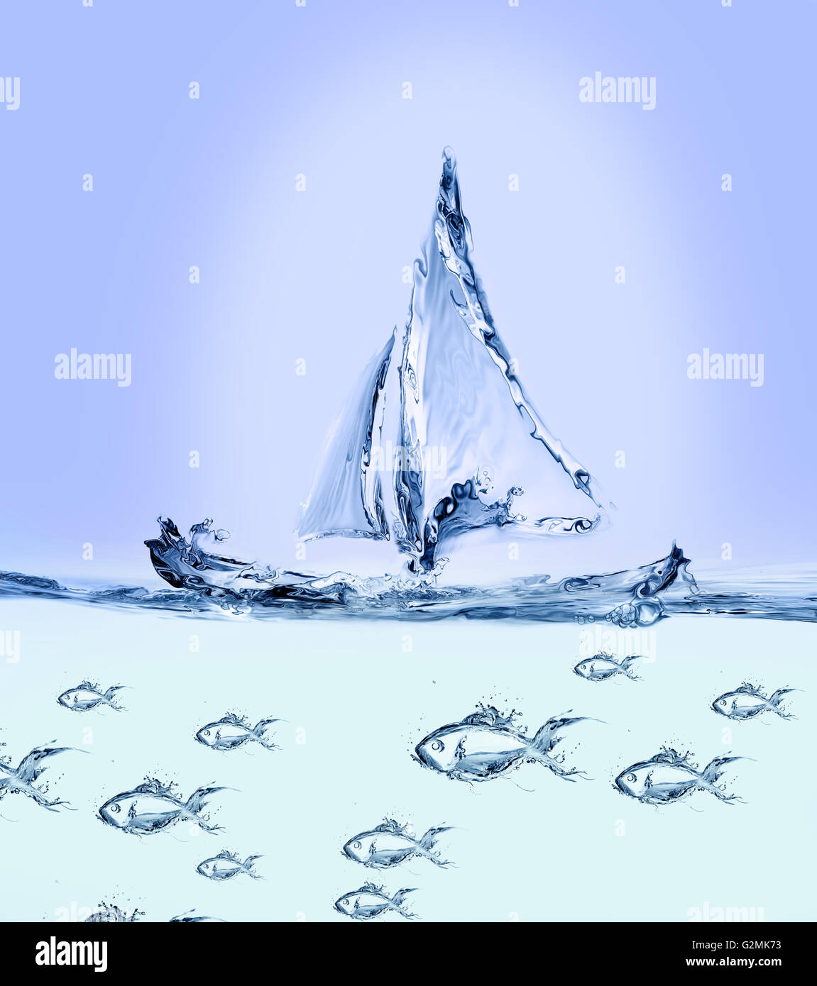 A sailing boat and a group of fish swimming underwater Stock Photo - Alamy