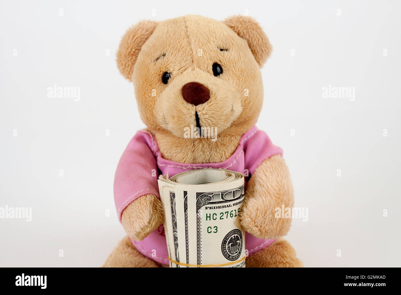 teddy bear with a bunch of dollars modern life education Stock Photo ...