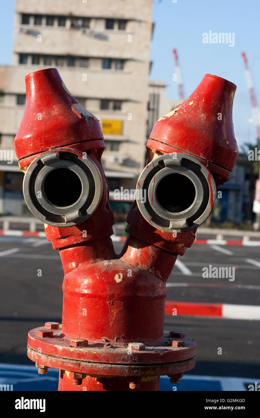 red double headed fire hydrant on the street Stock Photo - Alamy