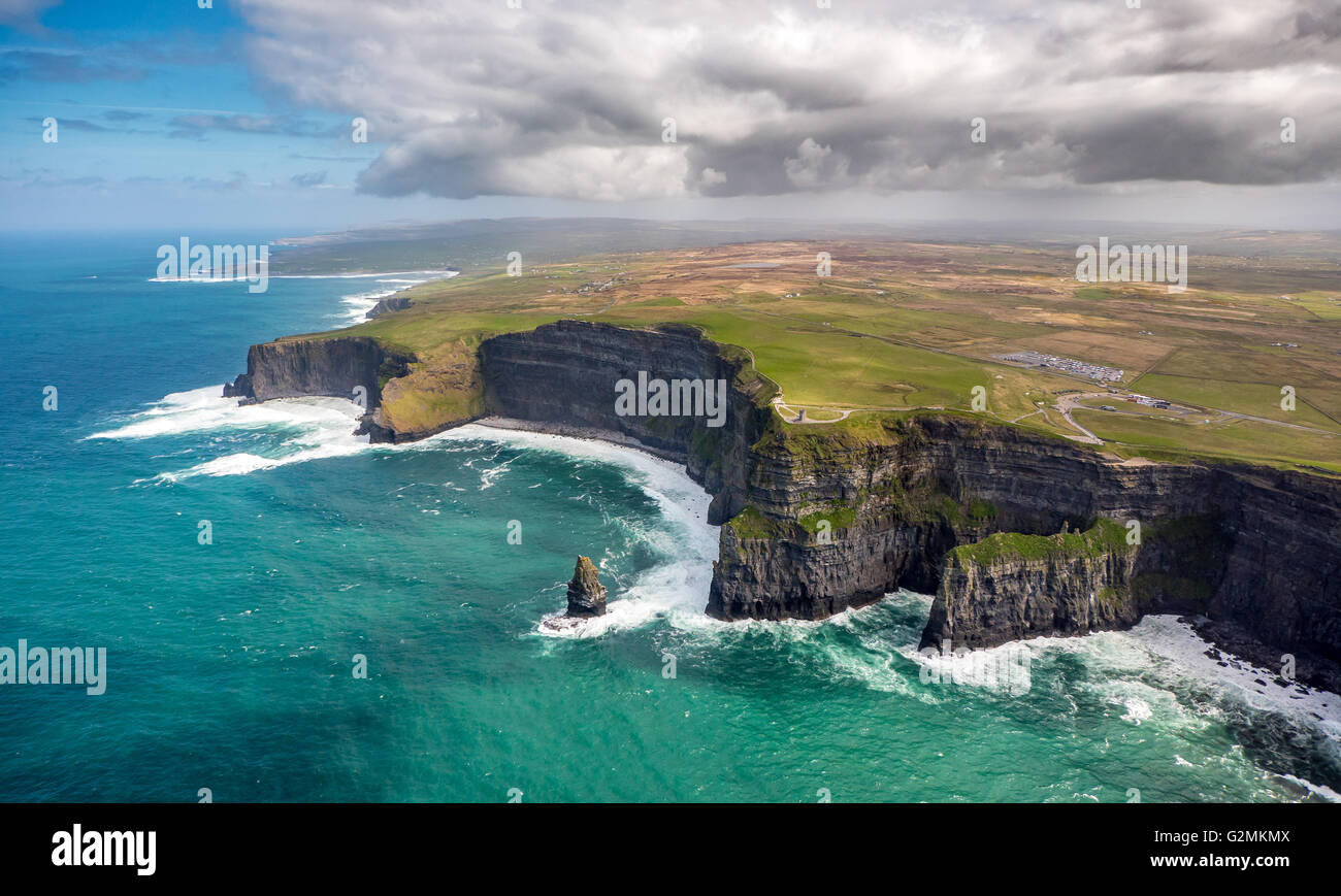 Aerial view, Cliffs of Moher, O'Brian's Tower, Lookout Tower on the ...