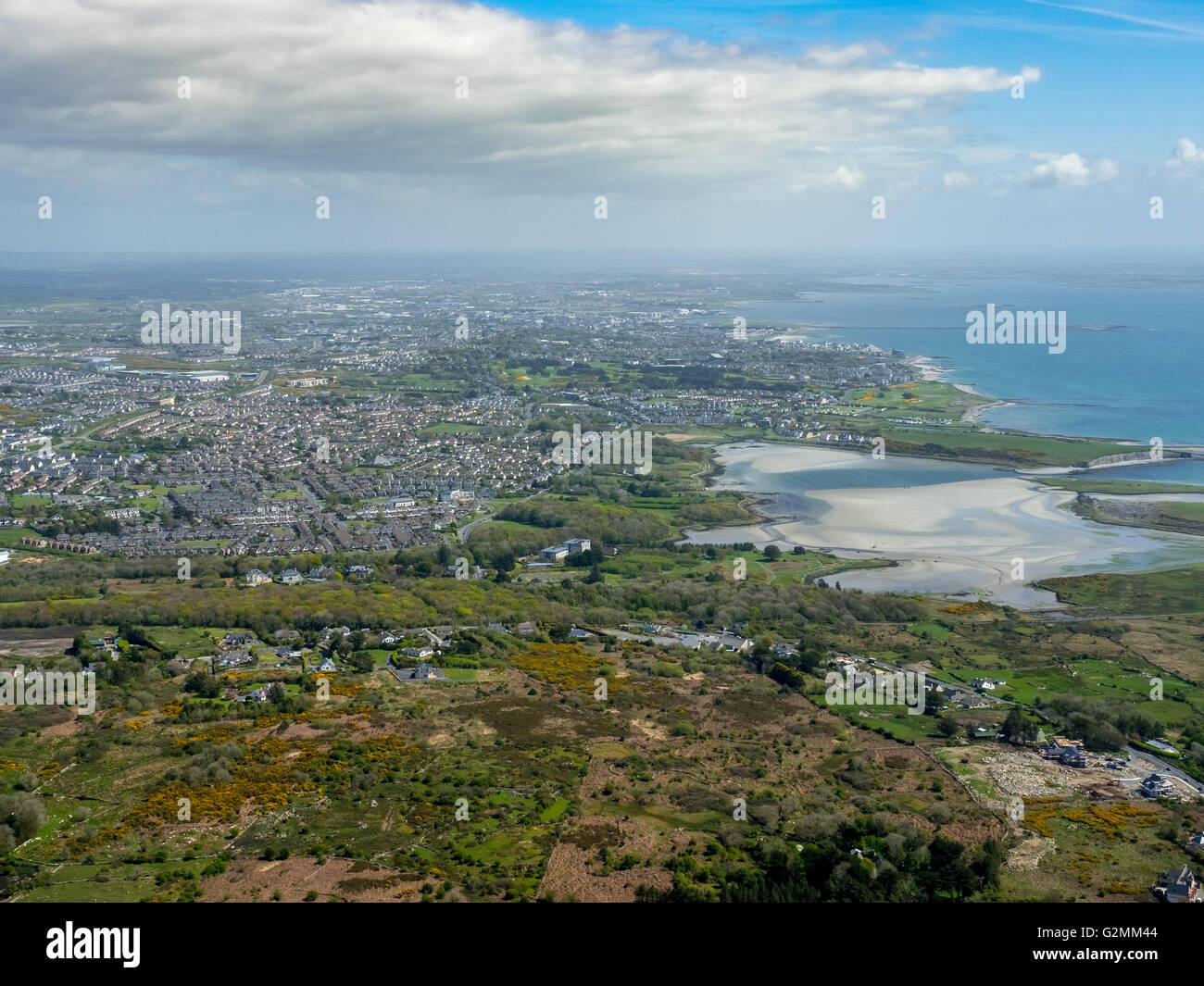 Aerial view, Galway Rusheen Bay with horse riding on the beach ...