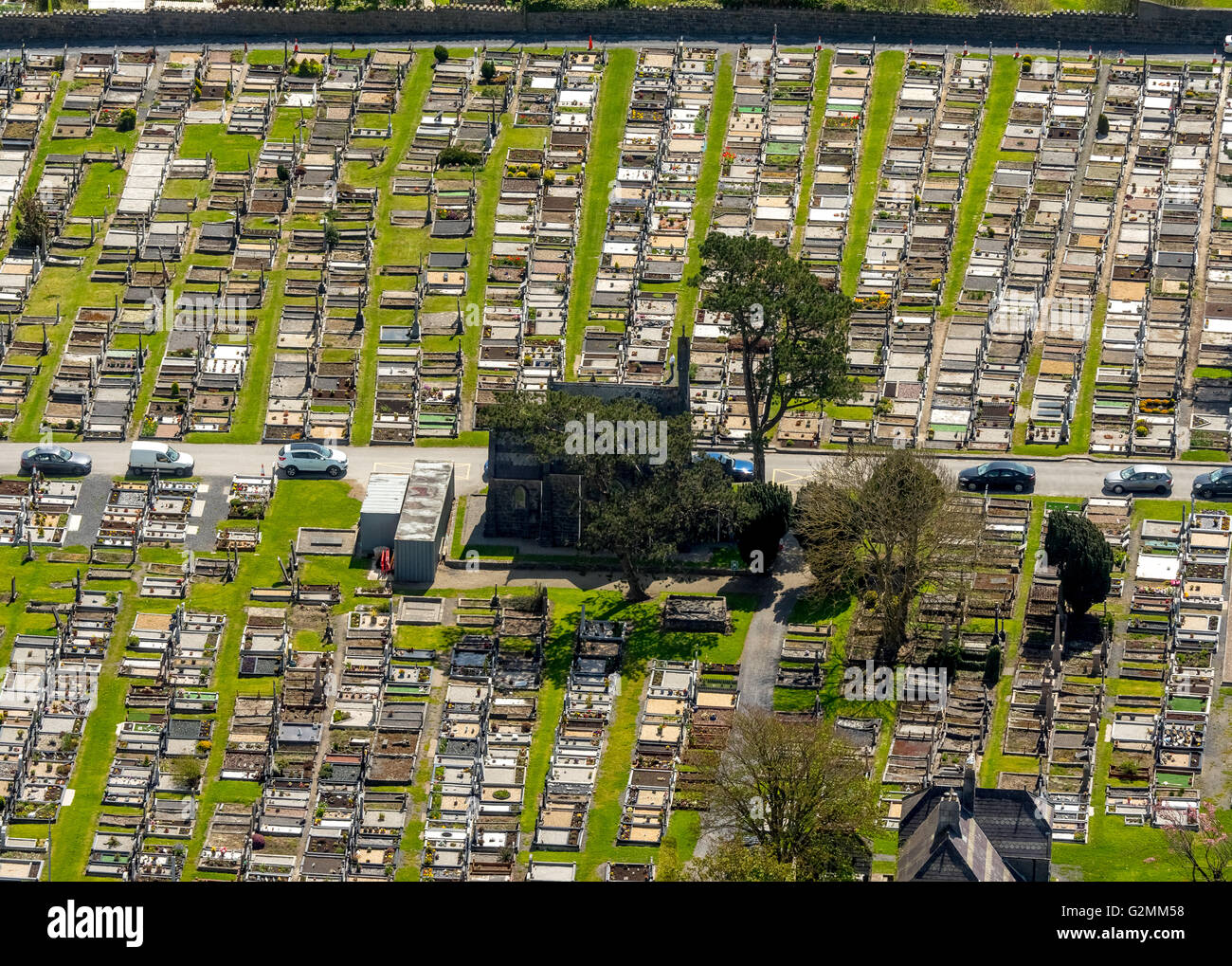 Aerial, New Cemetery, Bohermore, central cemetery with stone graves ...