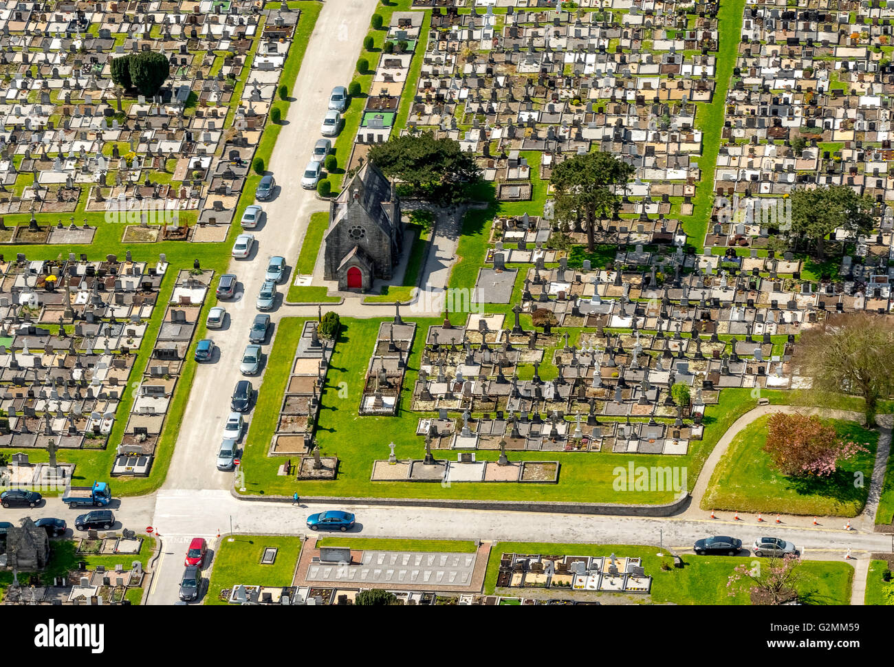 Aerial, New Cemetery, Bohermore, central cemetery with stone graves ...