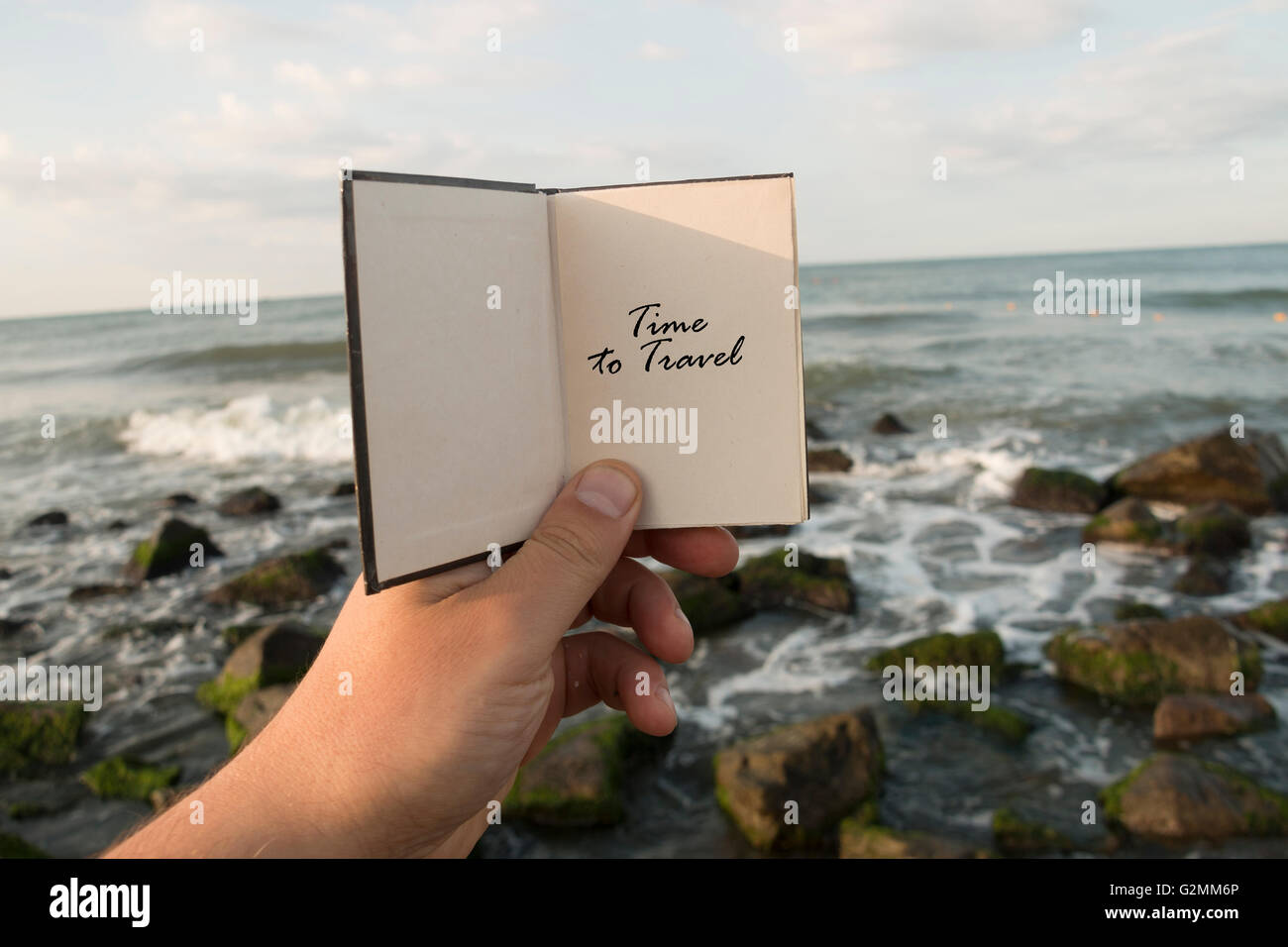 Time to Travel text ocean and beach background Stock Photo - Alamy