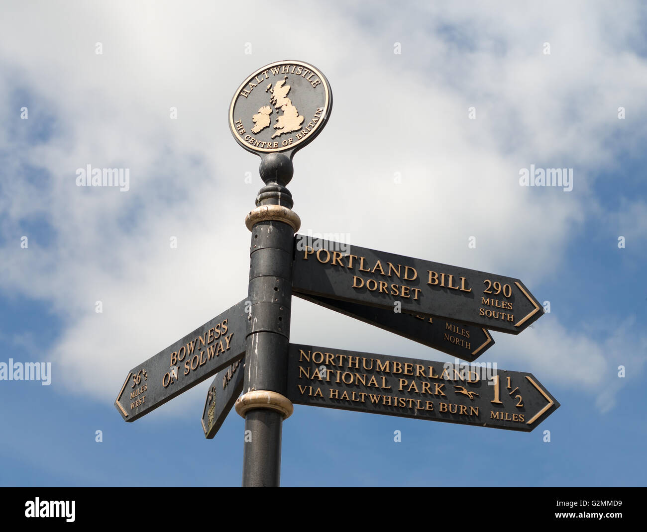 Centre of Britain signpost Haltwhistle, Northumberland, England, UK ...