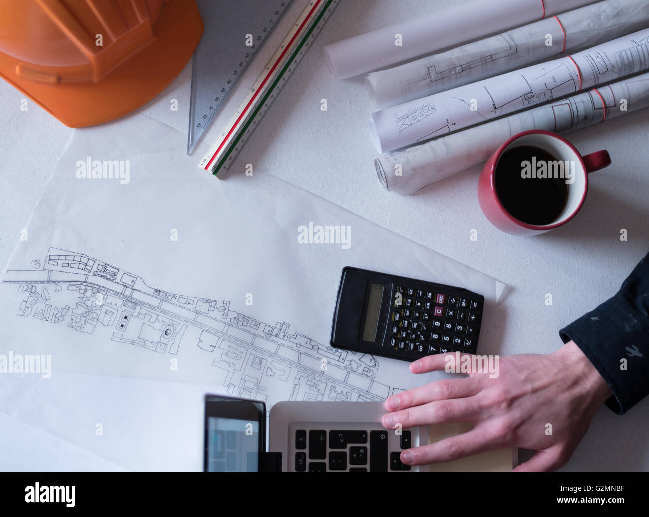 Office desk background with construction project ideas concept, With ...