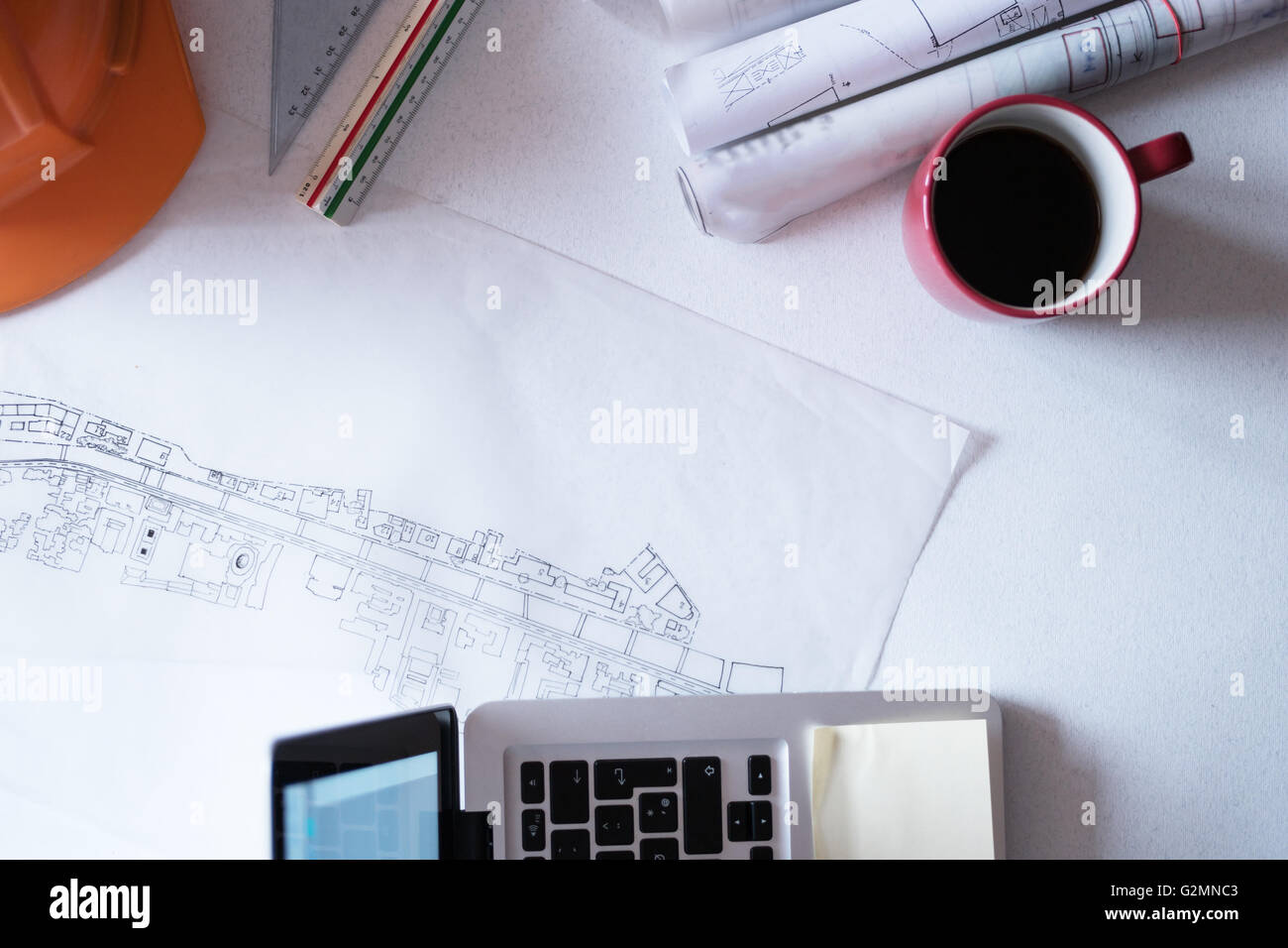 Office desk background with construction project ideas concept, With ...