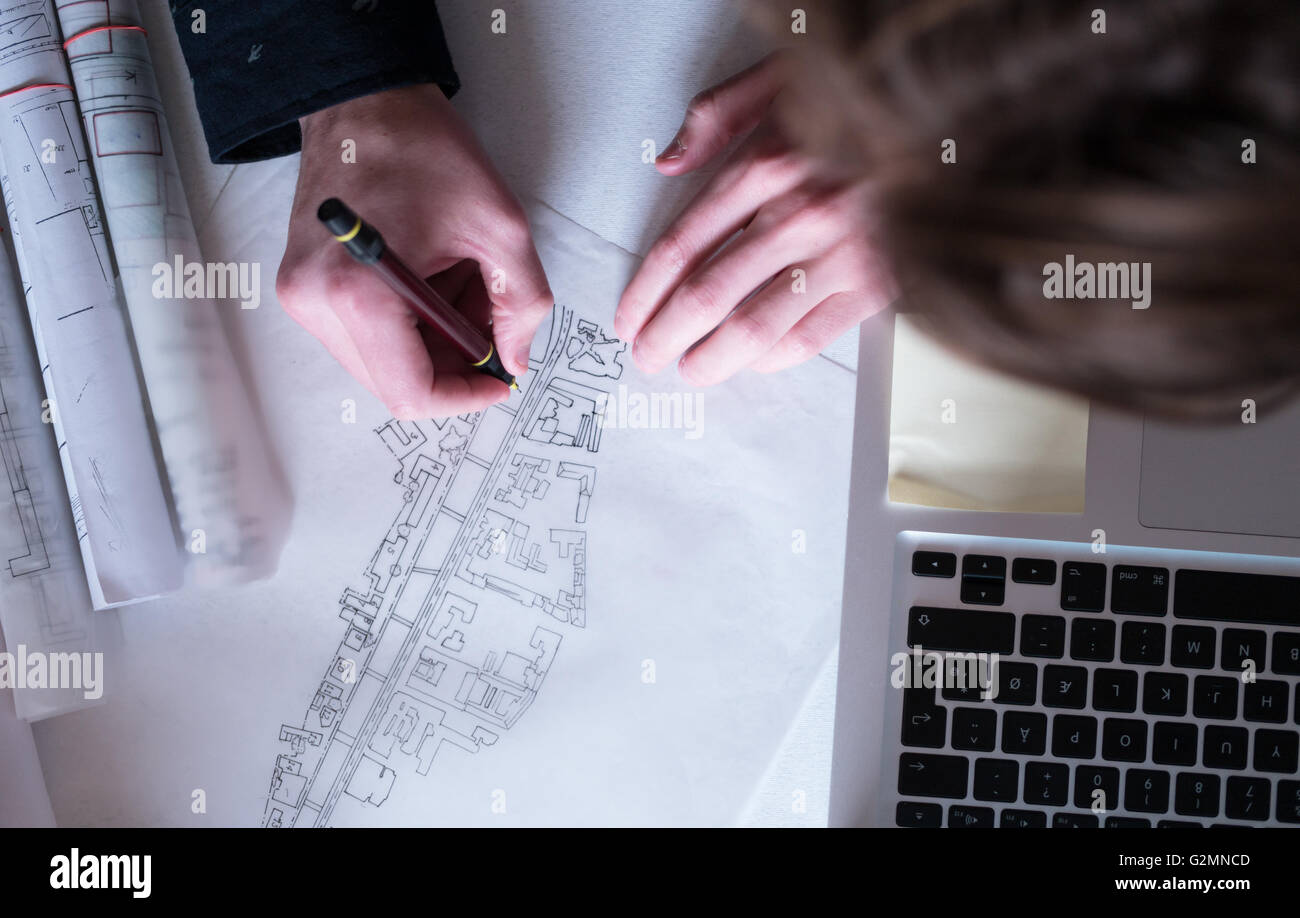 Office desk background with construction project ideas concept, With ...