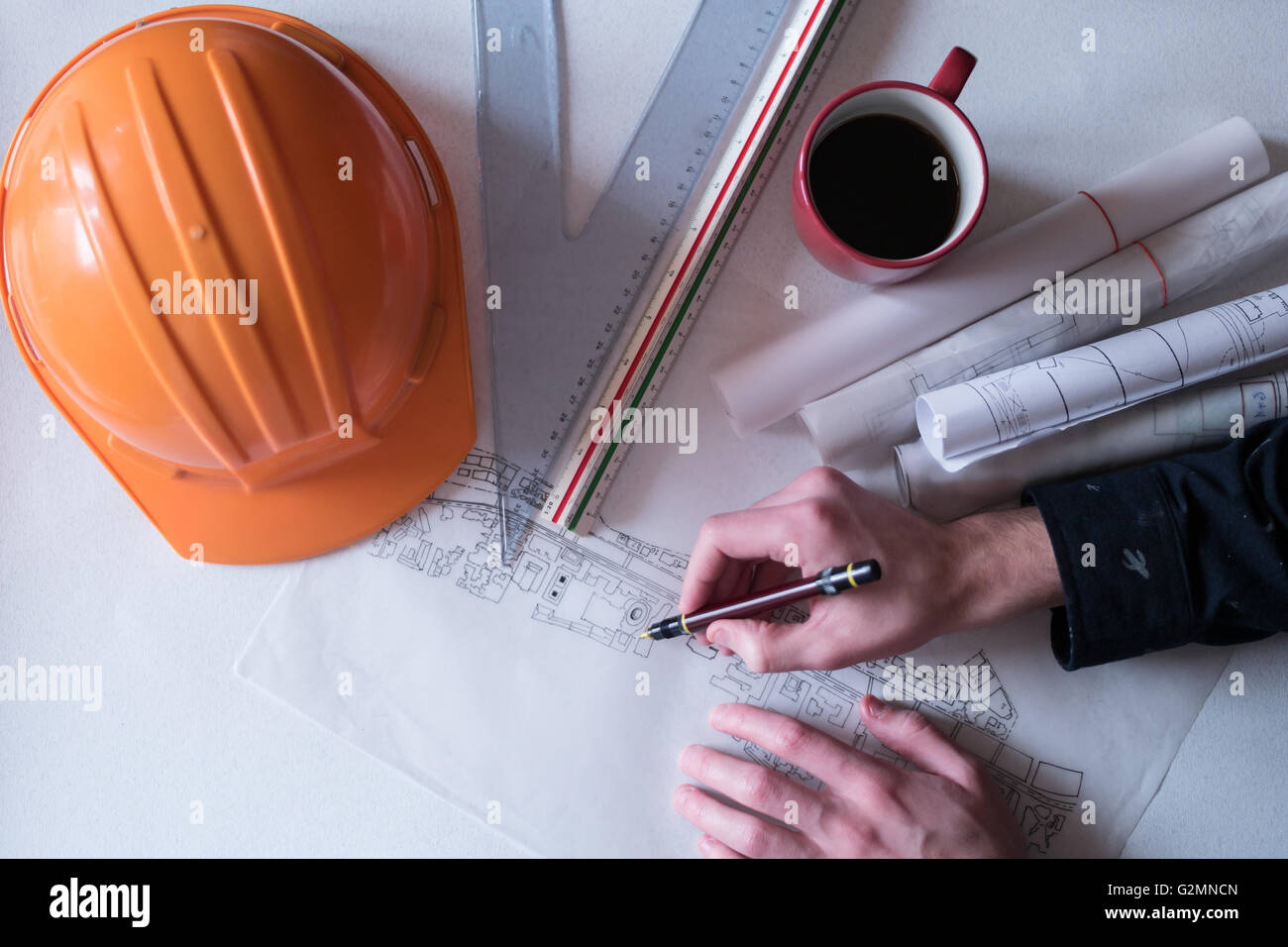 Office desk background with construction project ideas concept, With ...