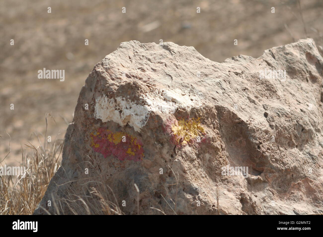 A large rock with hiking trail markers painted on Stock Photo - Alamy