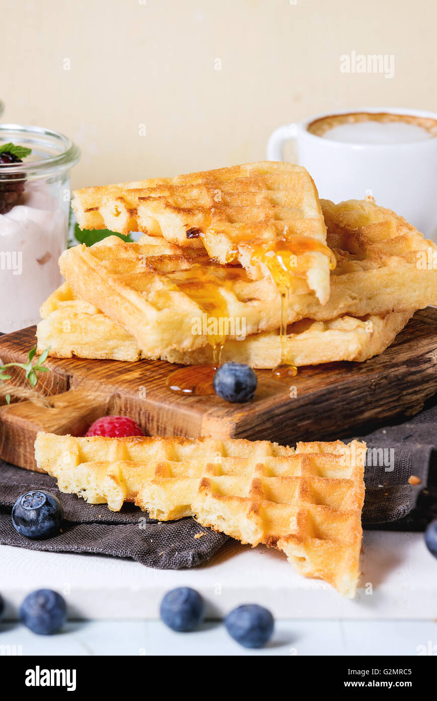 Breakfast with belgian waffles Stock Photo - Alamy