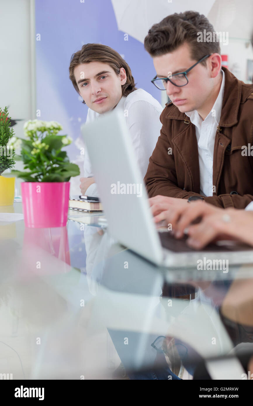 contemporary business people working connected with technological ...