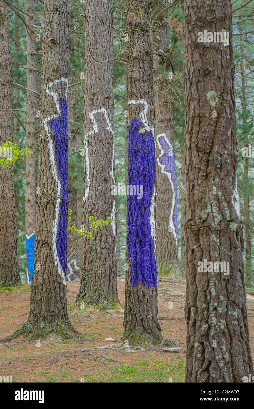 Painted tree trunks, painted wood, El Bosque animado de Oma, artist ...