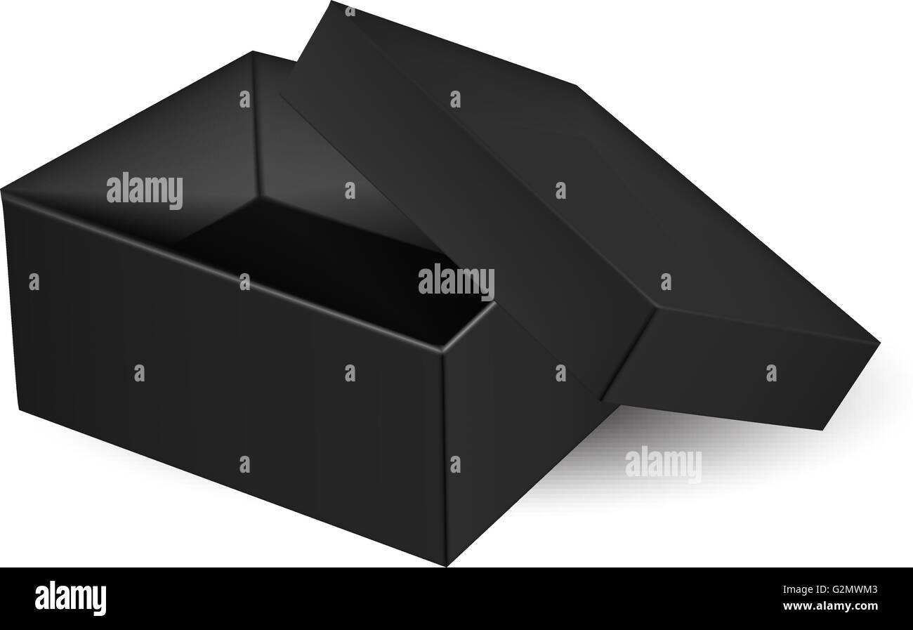 VECTOR PACKAGING: Top view of open thick black packaging box with cover ...