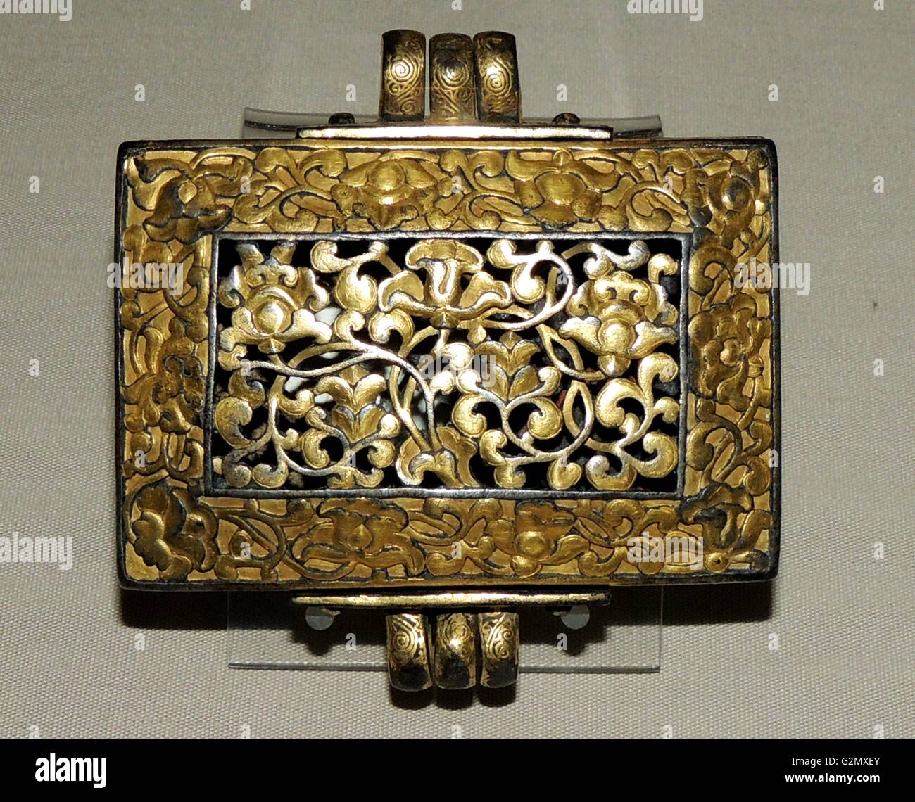 Talisman Box 18th Century AD. Tibet. Gilt iron with niello inlay Stock ...
