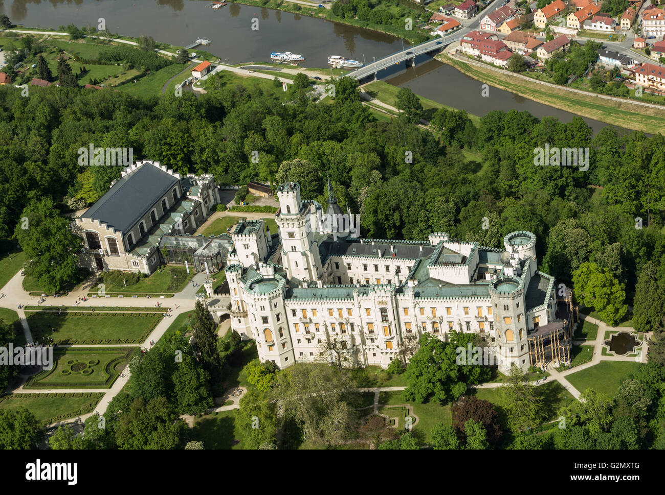 Aerial view of the Castle Hluboka, Hluboka nad Vltavou. Czech Republic ...