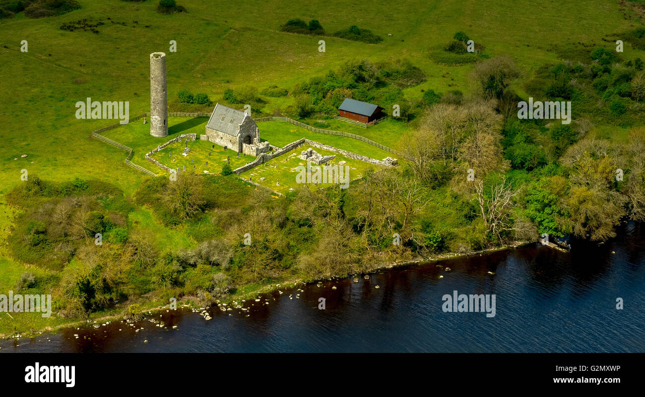 Aerial view, Holy Island, Holy Iceland with dilapidated monastery, Lake ...