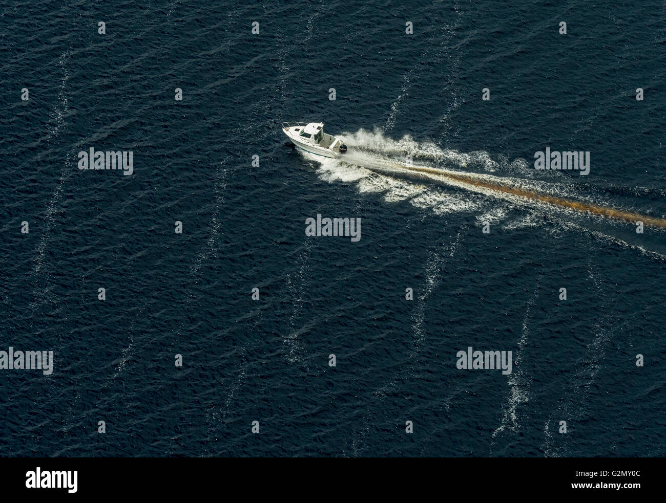 Aerial view, small motor boat on the Shannon, Lough Derg, Peninsula ...