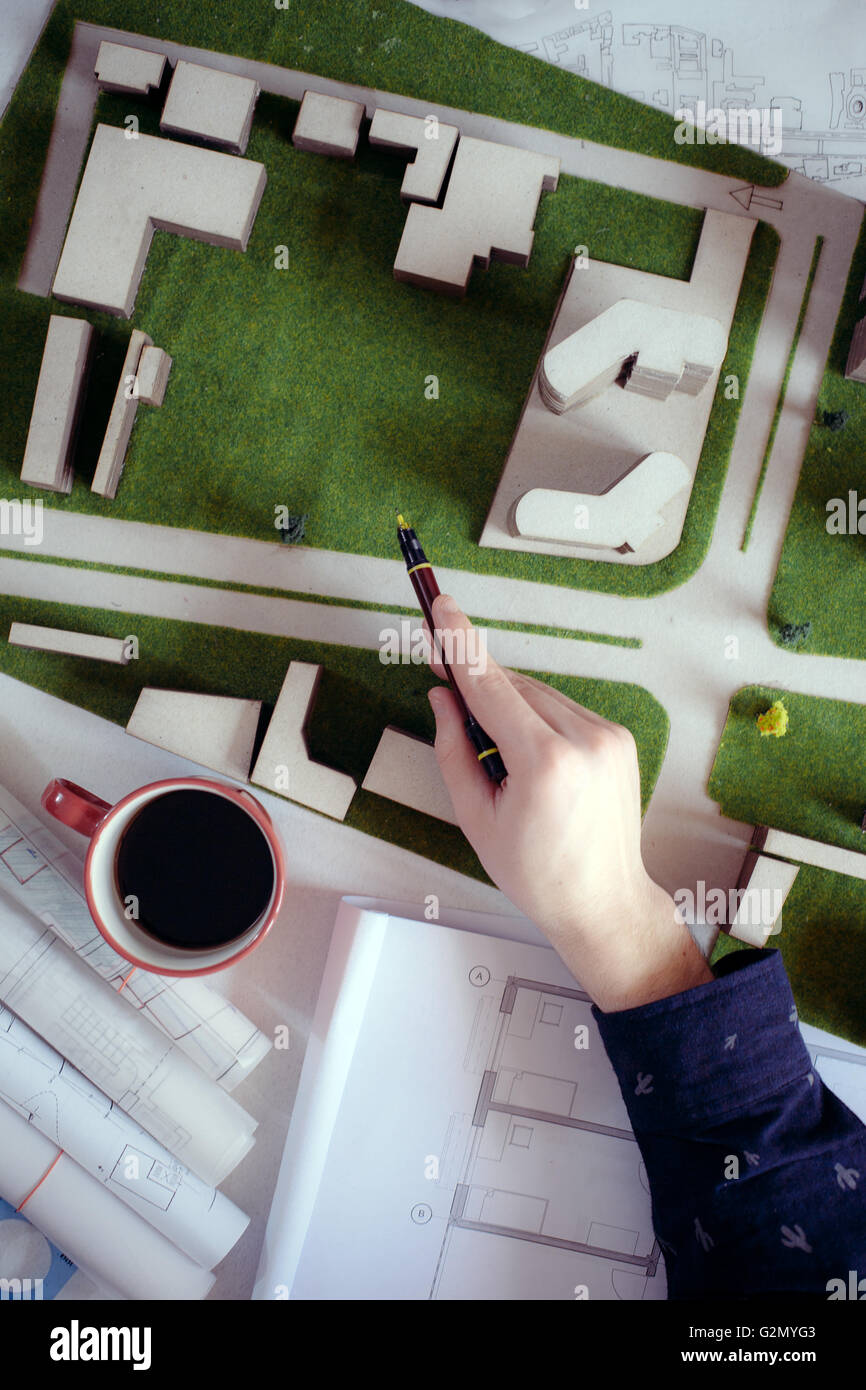 Top view of architect drawing on architectural project Stock Photo - Alamy
