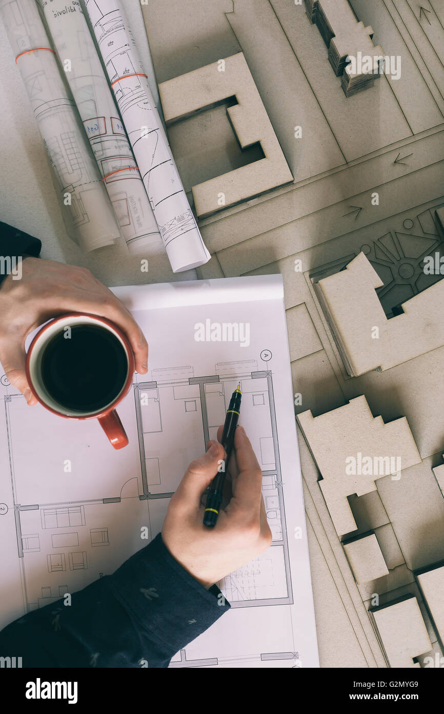 Top view of architect drawing on architectural project Stock Photo - Alamy