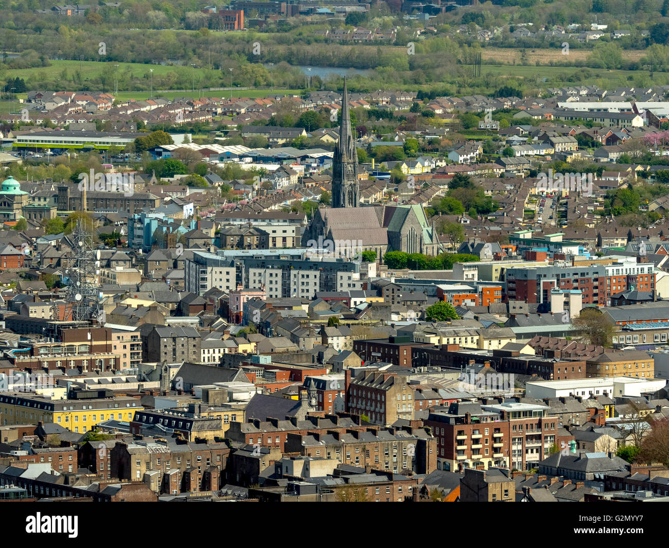 Aerial view, Downtown Limerick on the River Shannon with the city of St ...