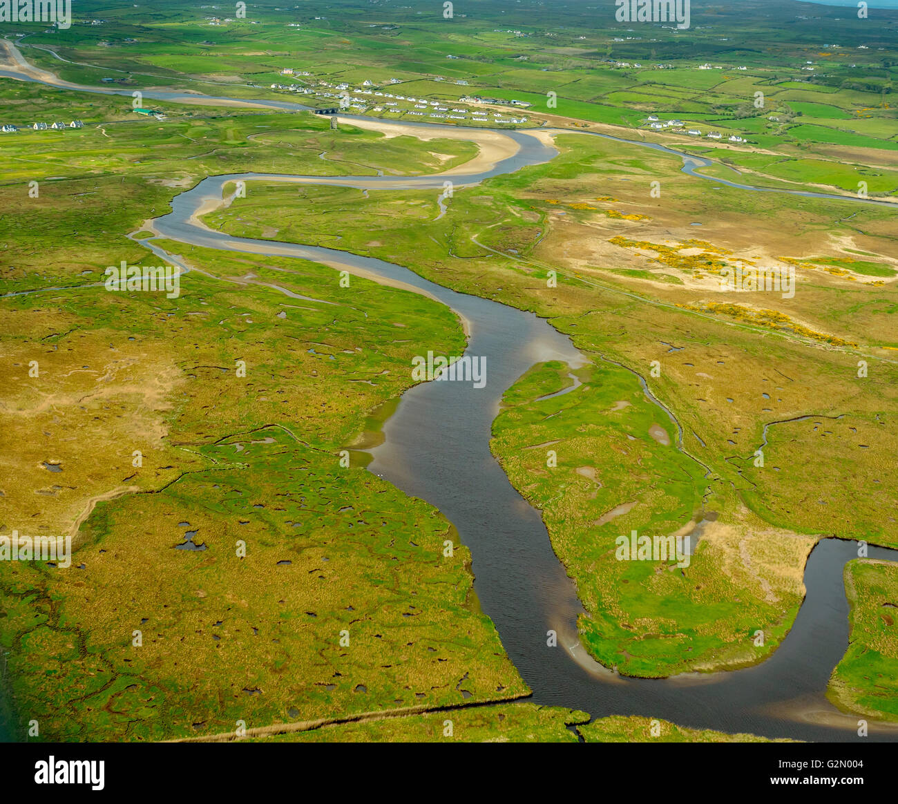 Aerial view, Inagh River meanders to the sea, COUNTY CLARE, Clare ...