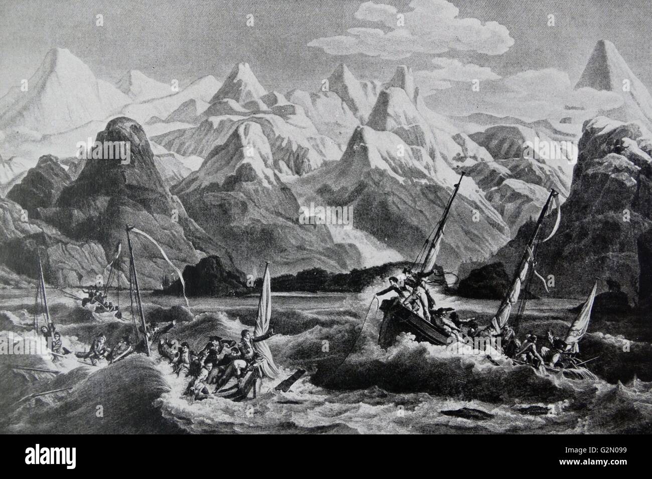 Woodcut shows two French ships damaged in a storm, just off the coast ...