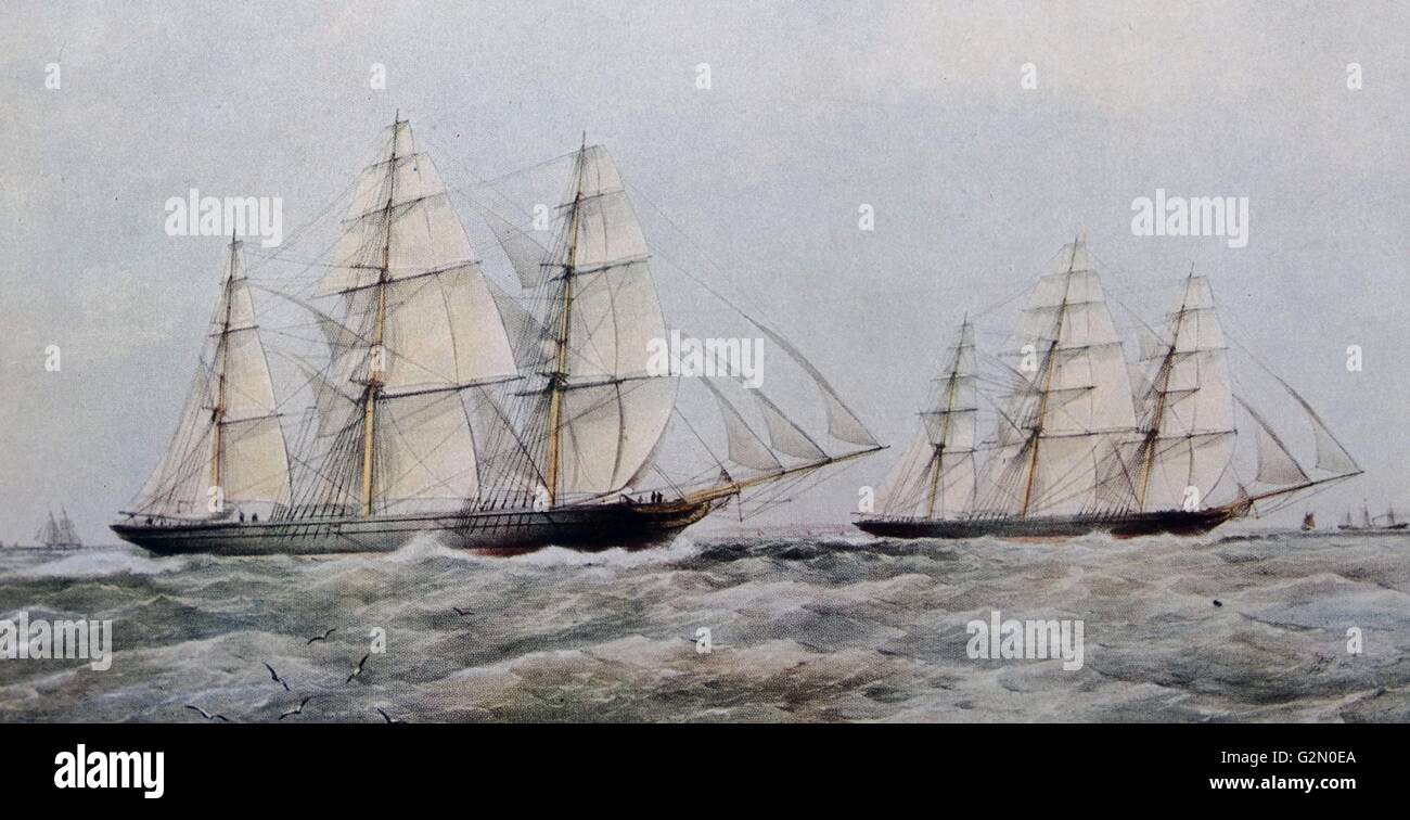 The Great China Race. The Clipper Ships Taiping & Ariel passing the ...