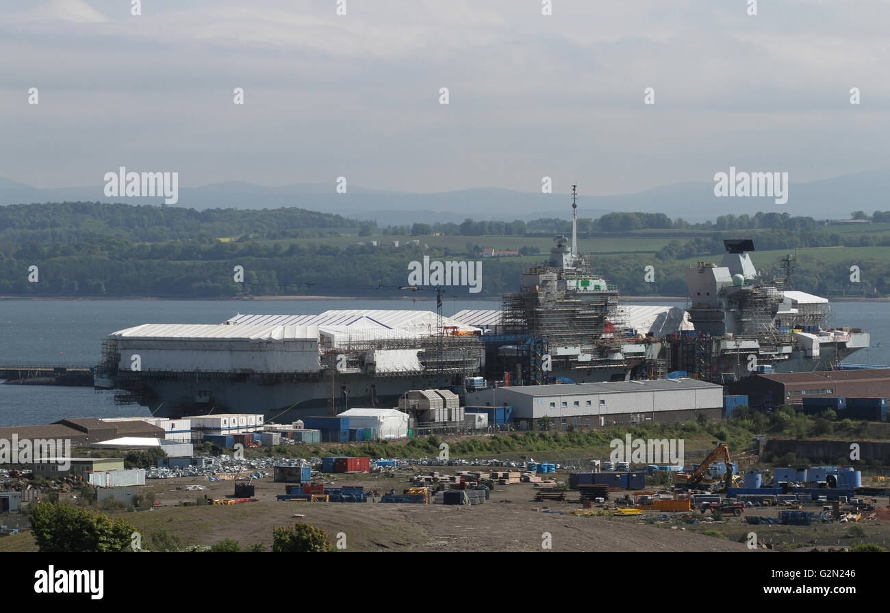 Elevated view of HMS Queen Elizabeth under construction Rosyth dockyard ...