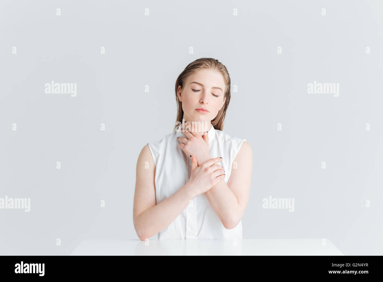 Woman Resting Face On Hand With Eyes Closed High Resolution Stock ...