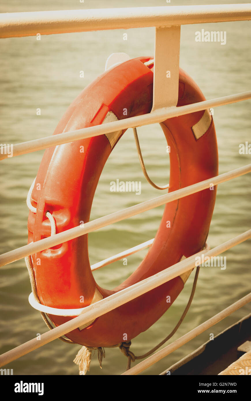 Lifebuoy on board. Close-up view. Retro toned image Stock Photo - Alamy