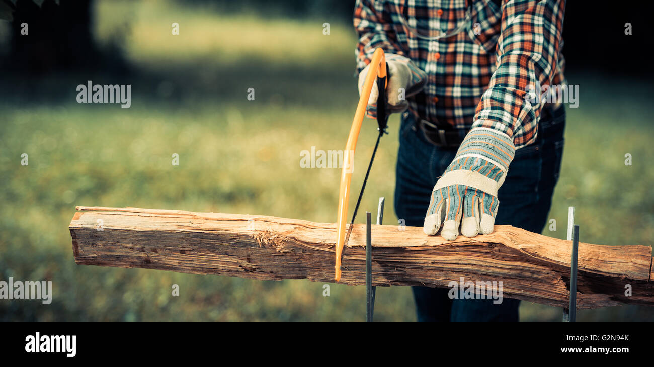 Man sawing log dry tree hi-res stock photography and images - Alamy