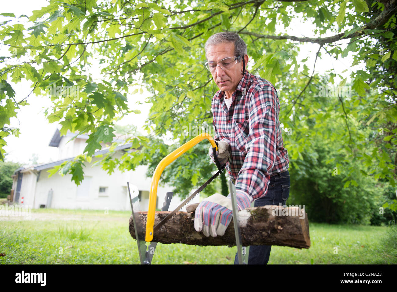 Senior man sawing a log handsaw closeup Stock Photo - Alamy