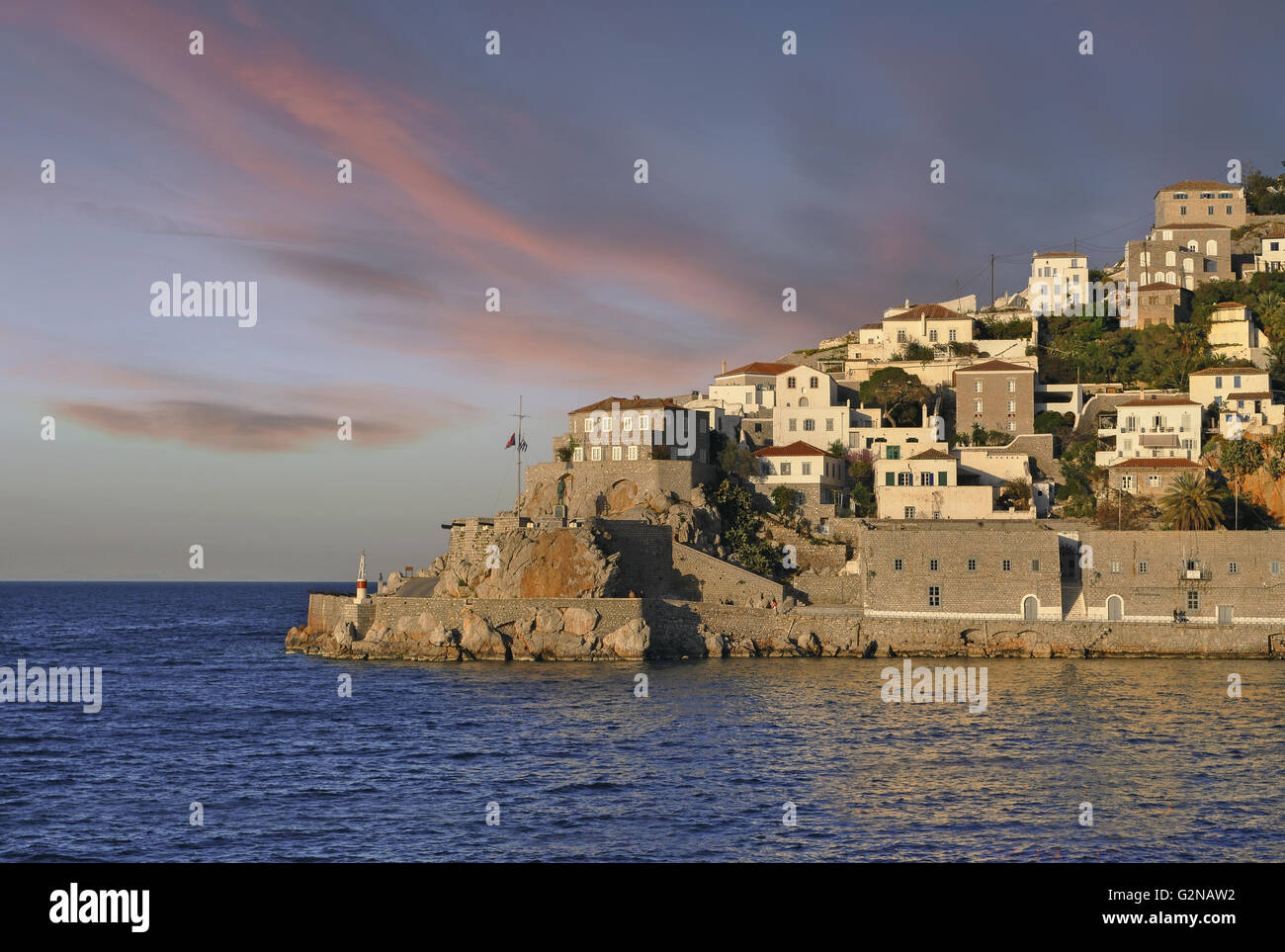 Close view to Ydra town at sunset, in Ydra isalnd in the Saronic gulf ...