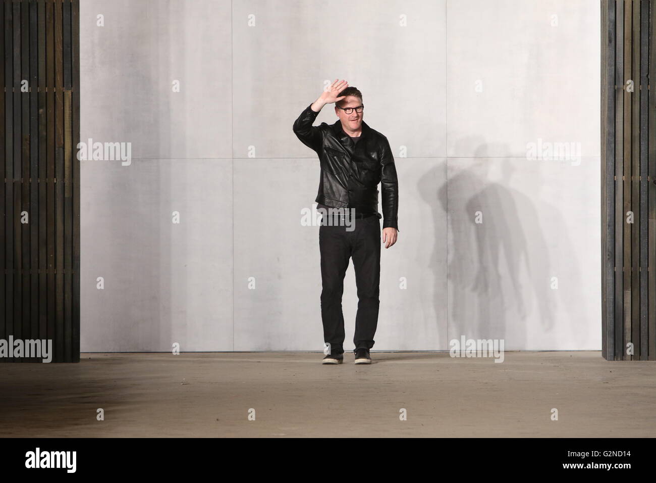 Designer Todd Snyder greets the audience after the Todd Snyder New York ...