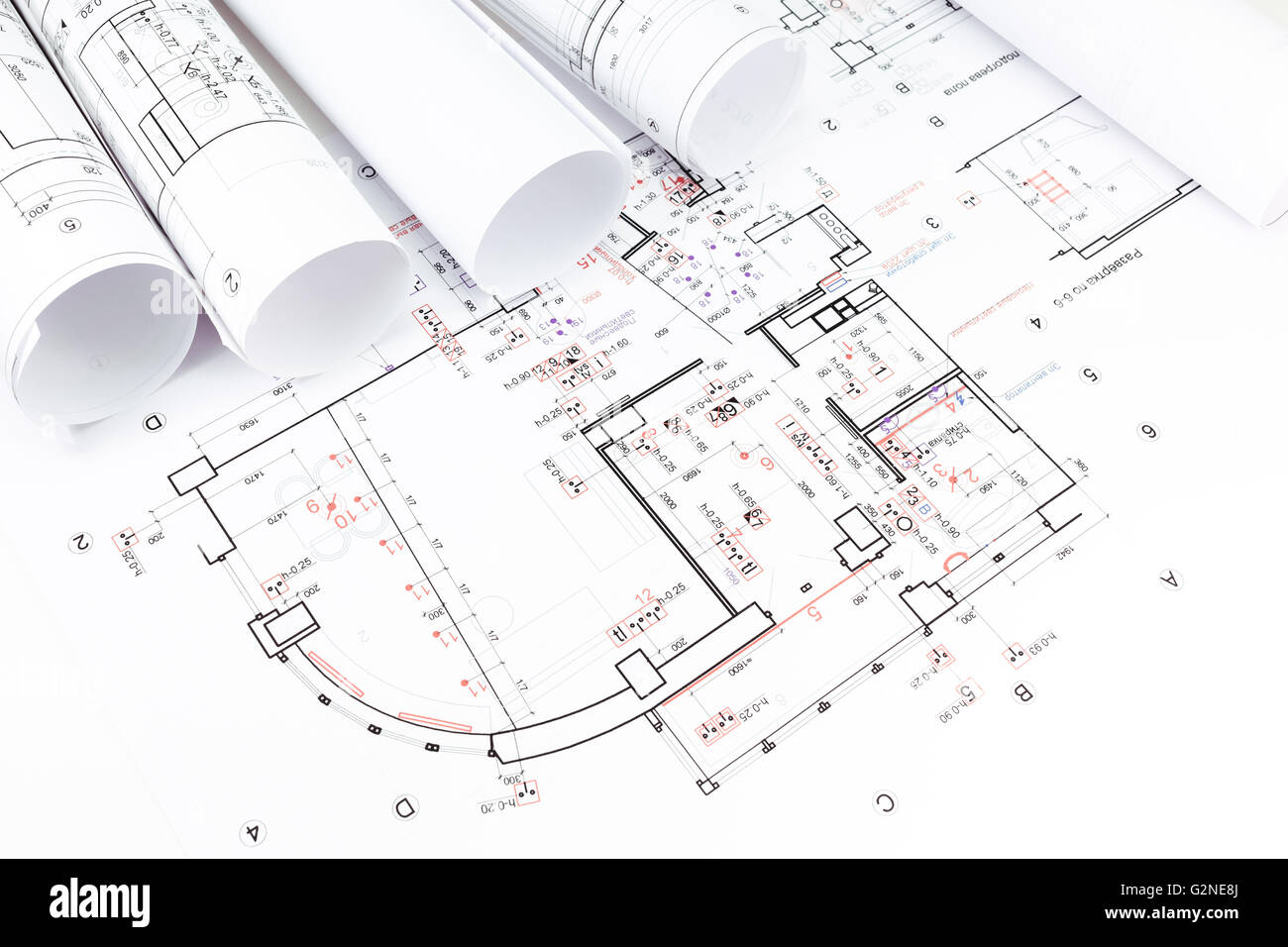Rolls of architectural house plans and technical drawings Stock Photo ...