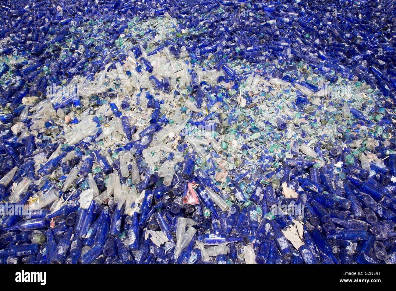 Glass waste for recycling in a recycling facility. Different glass ...